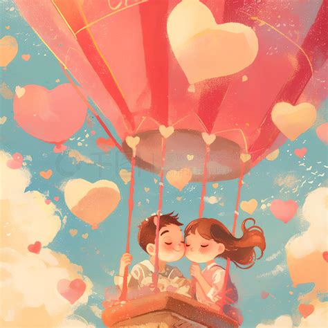 插画数字艺术 一对夫妇从热气球上俯瞰地球，他们的心在天空中紧紧相连手绘卡通七夕插画 Ai平面元素免费下载png格式2784像素编号70822620 千图网