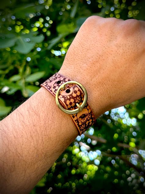 Flora Calavera Leather Cuff With Solid Brass Buckle And Rivet Etsy