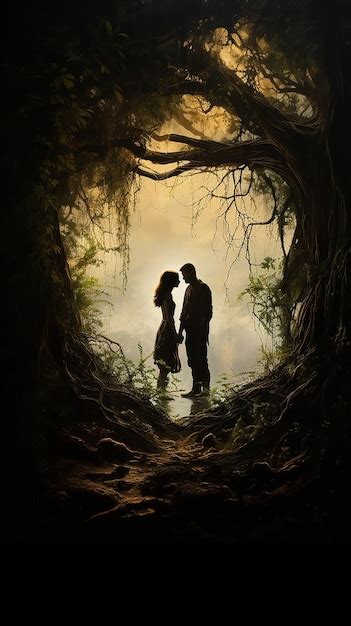 Romantic Couple Horomantic Couple Holding Hands Beneath Treeding Hands Beneath Tree Premium Ai