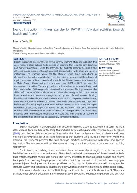 Pdf Explicit Instruction In Fitness Exercise For Pathfit Ii Physical Activities Towards