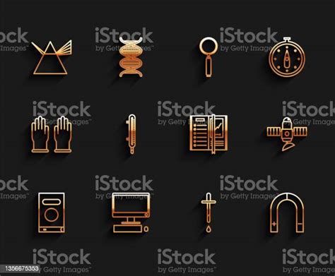 세트 라인 북 키보드와 마우스컴퓨터 모니터 프리즘의 광선 파이펫 자석 기상 온도계 측정 위성 및 노트북 아이콘 벡터 건강 진단에 대한 스톡 벡터 아트 및 기타 이미지