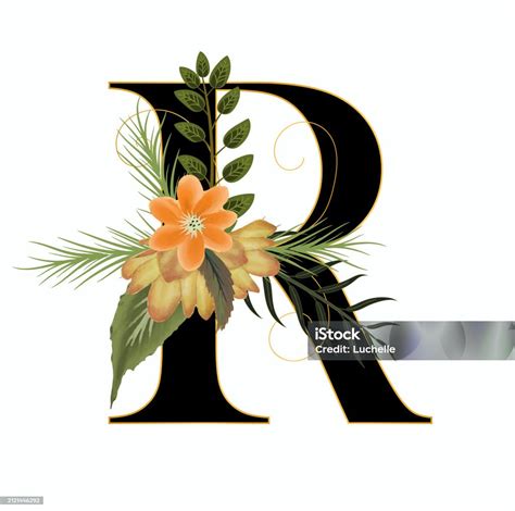 꽃과 나뭇잎이 있는 알파벳 문자 R 벡터입니다 장식 편지 수채화입니다 일러스트 문자 R 기념일 알파벳 R에 대한 스톡 벡터 아트