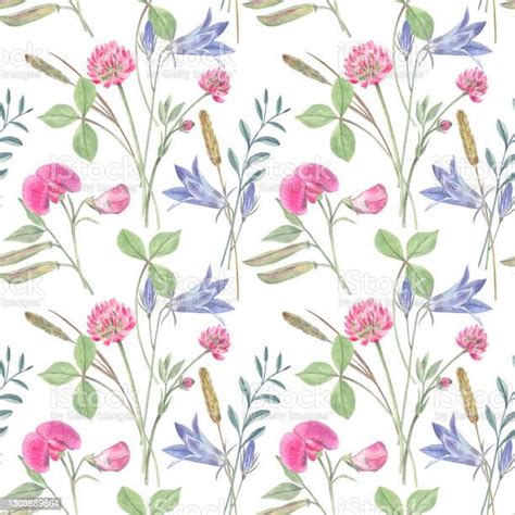 클로버 블루벨 달콤한 완두콩 허브가 있는 매끄러운 패턴으로 화이트 리디언드 백그라운드 수채화 일러스트레이션 농가와 코티지 스타일을 위한 우아한 디자인 0명에 대한 스톡 벡터