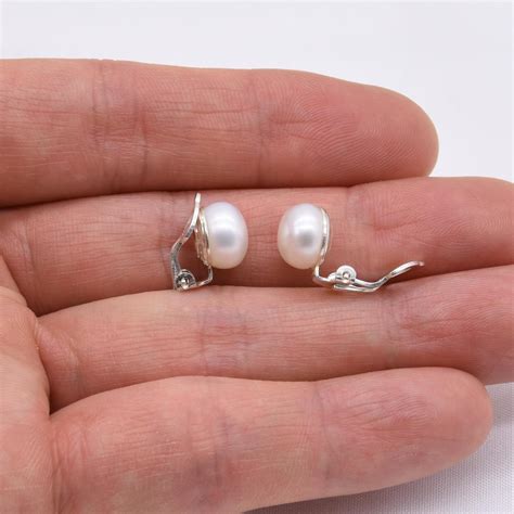 Pearl Clip On Earrings Non Pierced 925 Sterling Silver Earrings Gold