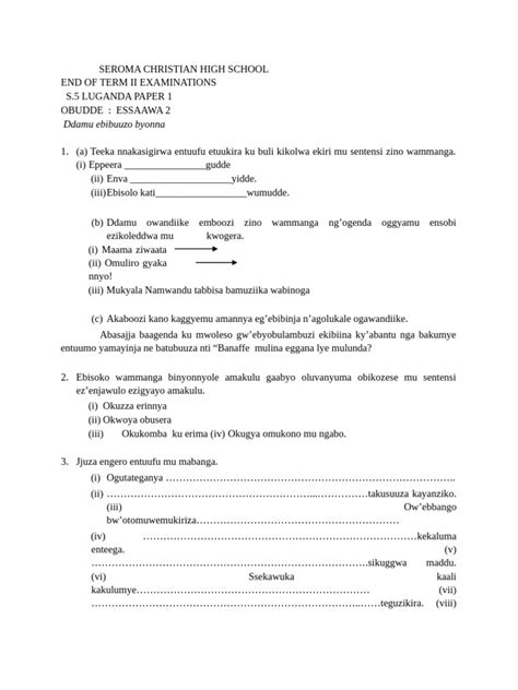 S5 Luganda Paper 2 Beginning Of Term 2 Pdf