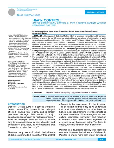 pdf hba1c control can we predict hba1c control in type 2 diabetic