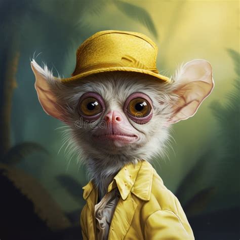 Cartoon Tarsier With Yellow Shirt And White Hat Stock Illustration