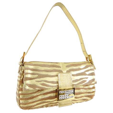 Fendi Vintage 1990s Gold Leather And Calf Hair Jewel Baguette Bag I