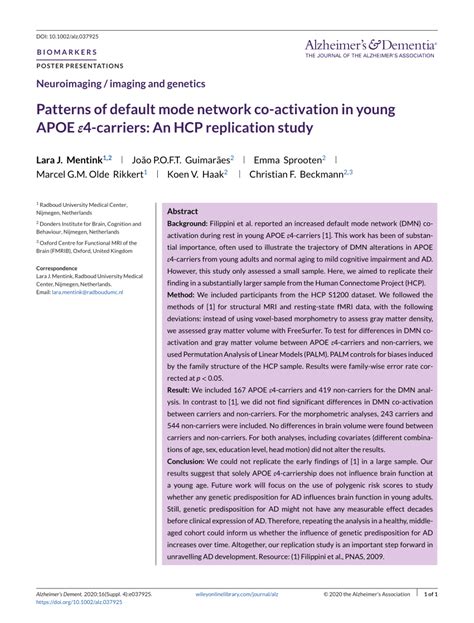 Pdf Patterns Of Default Mode Network Co‐activation In Young Apoe ε4‐carriers An Hcp