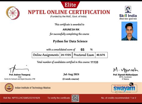 Arunesh Rk On Linkedin Nptel Onlinecourses Certification Placement