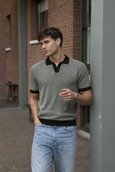 Buy Modern Monochrome Rib Knit Polo T Shirt Hamptons