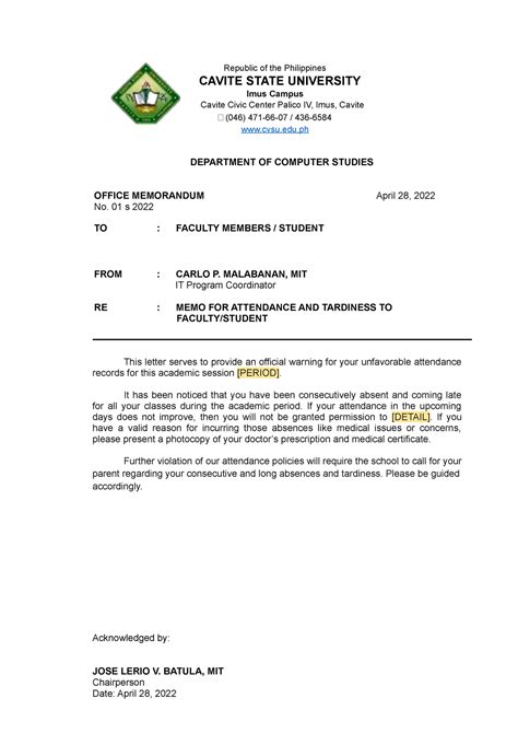 Memo For Attendance Tardiness Republic Of The Philippines CAVITE STATE UNIVERSITY Imus Campus