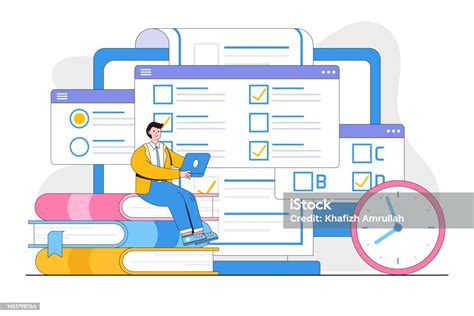 사람 캐릭터 개념을 사용한 플랫 온라인 테스트 개요 디자인 스타일 방문 페이지 웹 배너 인포그래픽 영웅 이미지에 대한 최소한의 벡터 그림 교육에 대한 스톡 벡터 아트 및