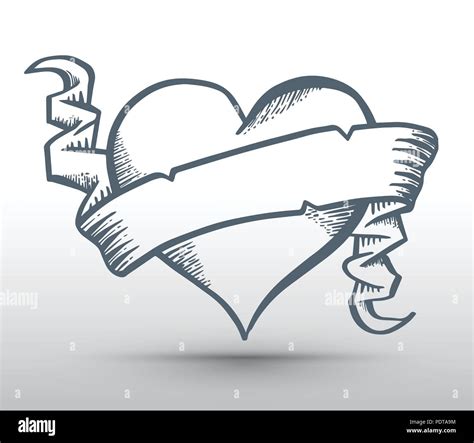 Heart With Ribbon Drawing Banner For Love Concept Valentine And Wedding