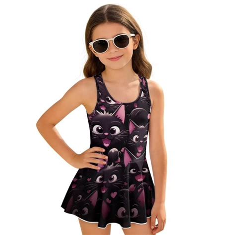 Chaqlin Cute Cat Purple One Piece Girls Swimsuit With Skirt Comfortable