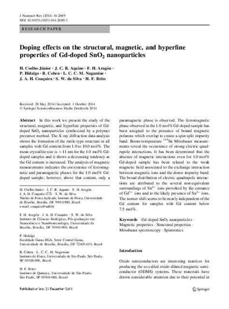 Pdf Doping Effects On The Structural Magnetic And Hyperfine Properties Of Gd Doped Sno2