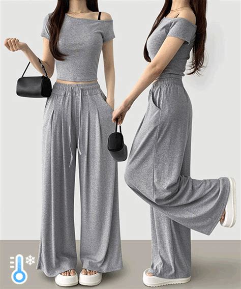 찰랑~쿨링여리set 코디 걱정 No 원 오프숄더 티셔츠 투핀턱 찰랑 맥시 와이드 팬츠 투피스 세트 Bok Place