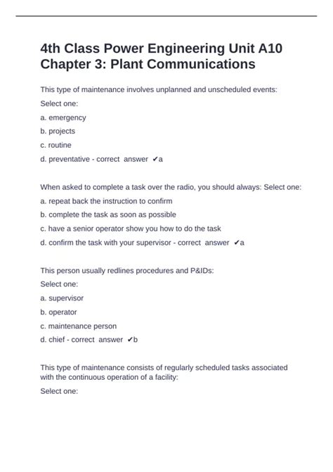 4th Class Power Engineering Unit A10 Chapter 3 Questions With Complete