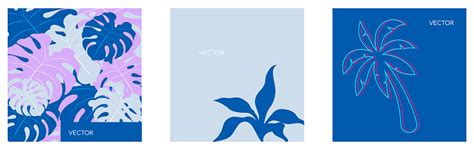 정글 채식 플랫 컬러 벡터 배경 세트 푸른 몬스터 나뭇잎 야자수 열대 식물 모티프 소셜 미디어 게시물 모의 이국적인 여름 단풍 웹 배너 템플릿 팩 벡터에 대한 스톡 벡터