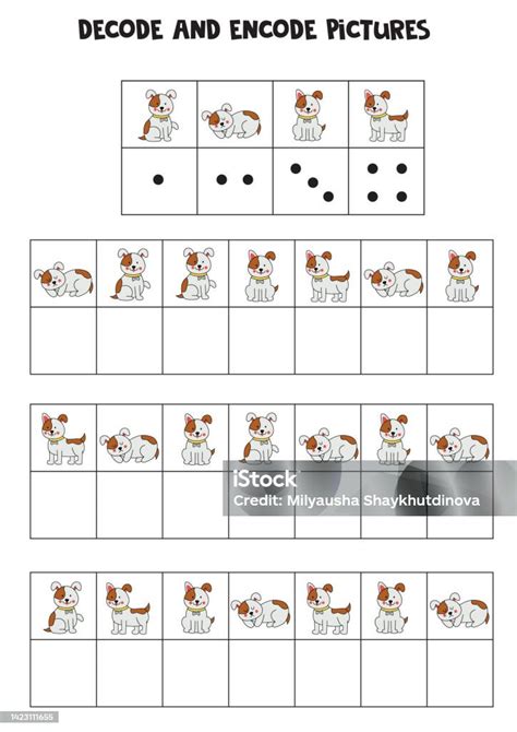 Decode And Encode Pictures Write The Symbols Under Cute Puppies Stock