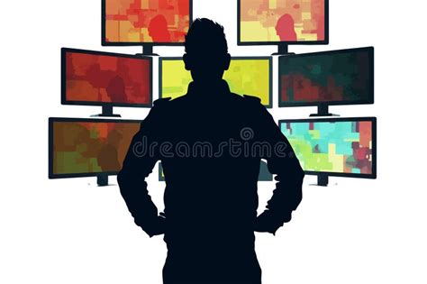 silhouette of hacker in front of multiple screens isolated illustration