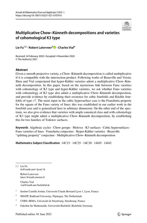 Pdf Multiplicative Chow K Unneth Decompositions And Varieties Of Cohomological K3 Type