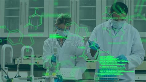 Animation Of Data Processing With Chemical Formula Over Caucasian Male And Female Scientist In