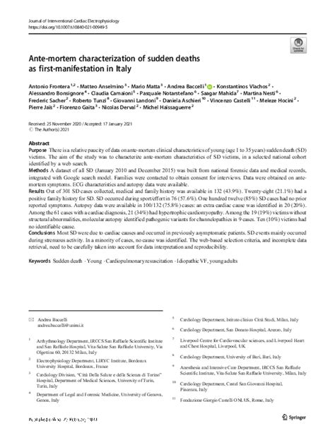 Pdf Ante Mortem Characterization Of Sudden Deaths As First Manifestation In Italy