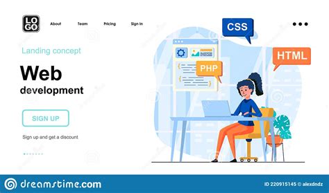 Web Development Web Concept Woman Writes Code Stock Vector Illustration Of Template Page