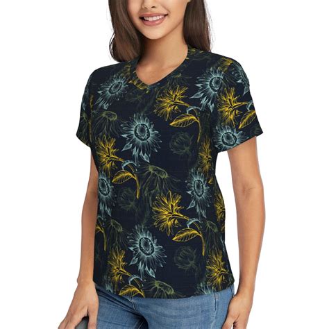 Goofa Sunflowers Pattern Womens Slim Fit Short Sleeve V Neck T Shirt