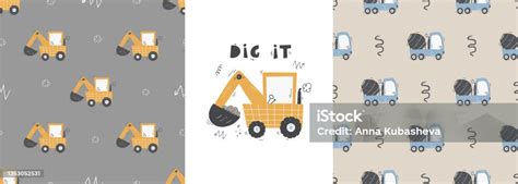 흰색 배경에 스칸디나비아 스타일의 트럭과 파는 귀여운 어린이의 원활한 패턴 건물 장비 재미있는 건설 운송 건설 산업에 대한 스톡