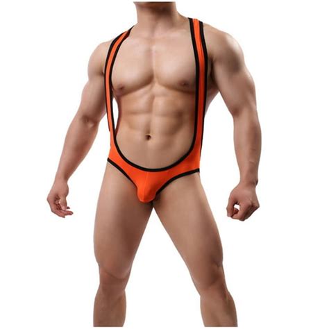 Mens Color Block One Piece Bodysuit Jockstrap Wrestling Singlet