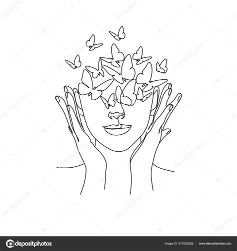 Woman Face Butterfly One Line Drawing Abstract Portrait Minimalistic Style Stock Vector By