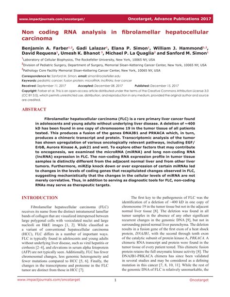 Pdf Non Coding Rna Analysis In Fibrolamellar Hepatocellular Carcinoma