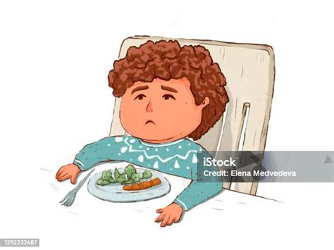 브로콜리와 당근 접시가 있는 테이블에 앉아 있는 불만을 품은 아이의 그림 아기를 위한 건강한 식사의 문제 개념에 대한 스톡 벡터 아트 및 기타 이미지 Istock