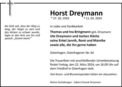 Traueranzeigen Von Horst Dreymann Harztrauerde