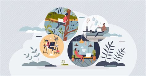 remote work and different workspaces of freelance job tiny person