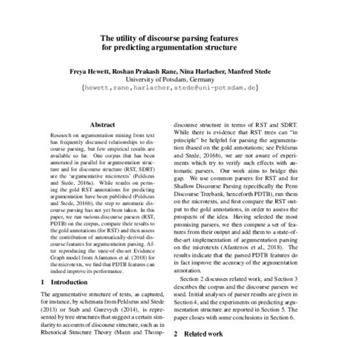 The Utility Of Discourse Parsing Features For Predicting Argumentation Structure Acl Anthology