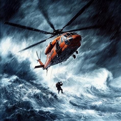 Coast Guard Helicopter Hoisting A Person From A Sinking Ship With Dramatic Waves Crashing Around