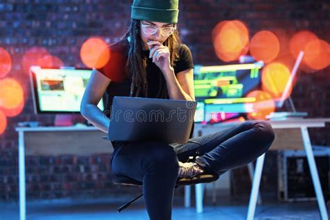 Woman Hacker Night And Thinking With Laptop For Glitch Coding And