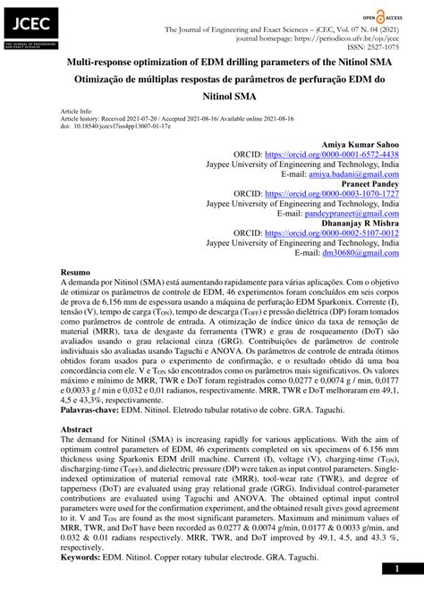 Pdf Multi Response Optimization Of Edm Drilling Parameters Of The