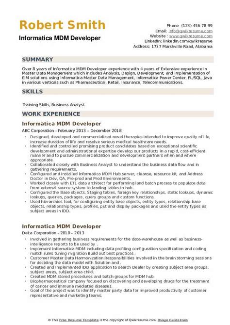 10 Informatica MDM Developer Resume Samples Templates For 2025