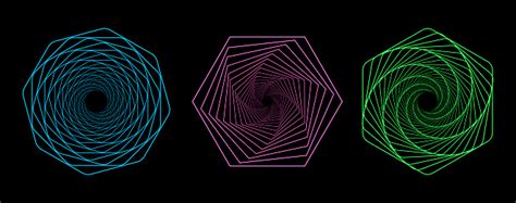 뒤틀린 나선형 세트 신성한 지오메트리 원과 육각형의 형태로 선이 있는 터널 벡터 기하학적 프랙탈 요소 0명에 대한 스톡 벡터
