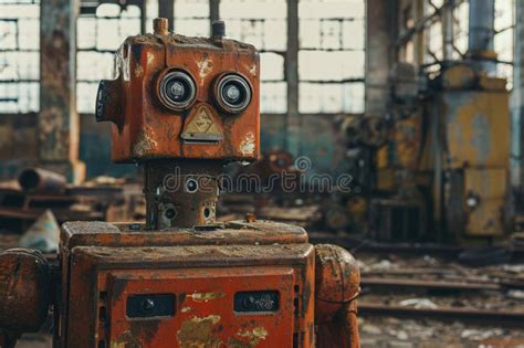 A Rusty Robot Is Standing Amidst The Decaying Machinery In An Abandoned Factory An Old Rusty