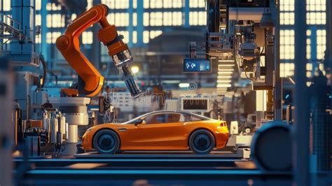 A Robotic Arm Works On An Orange Car In An Automated Factory Setting
