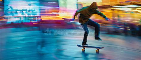 Urban Skate Park Scene Skateboarder In Rapid Motion Performing A Trick
