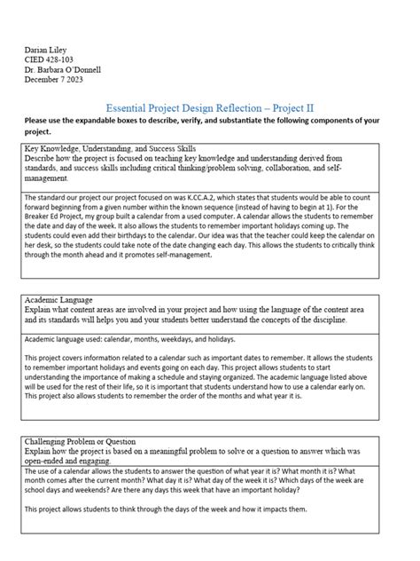 Essential Project Design Reflection Project Ii 2 Pdf Knowledge