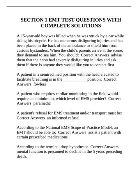 SECTION 1 EMT TEST QUESTIONS WITH COMPLETE SOLUTIONS EMT Stuvia US