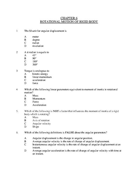Chapter 6 Good Chapter 6 Rotational Motion Of Rigid Body 1 The Si Unit For Angular