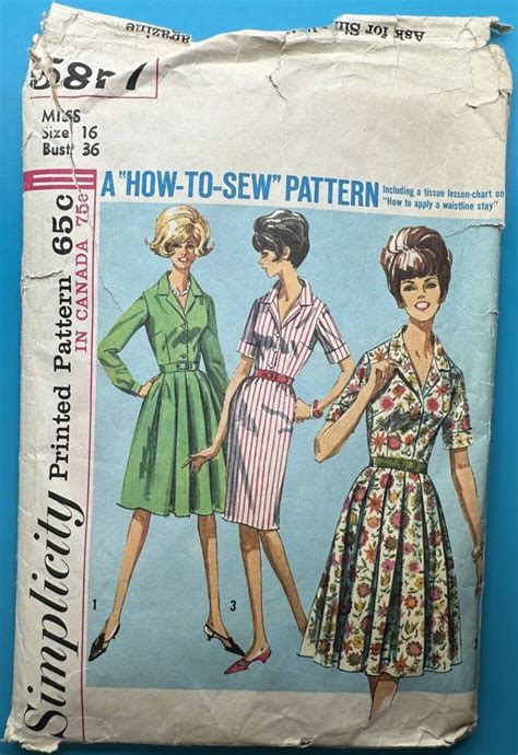 Shirtwaist Dress Slim Full Skirt Options Simplicity 5877 Size 16 1960s